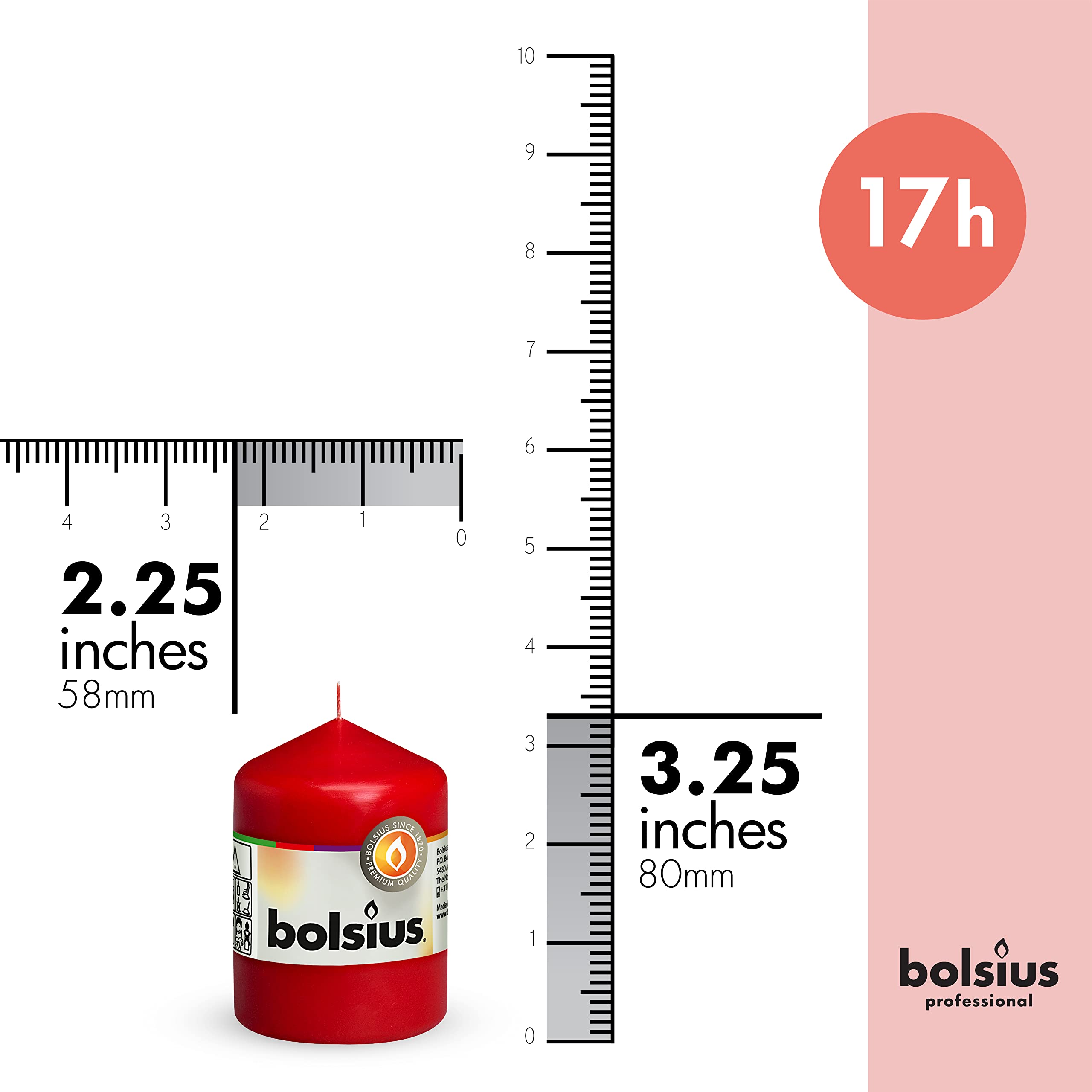 BOLSIUS 10 Red Pillar Candles - 2.25 x 6 Inches - Premium European Quality - Individually Wrapped - 42 Hours Burn Time - Dripless Smokeless Unscented Dinner, Wedding, Party, & Restaurant Candles