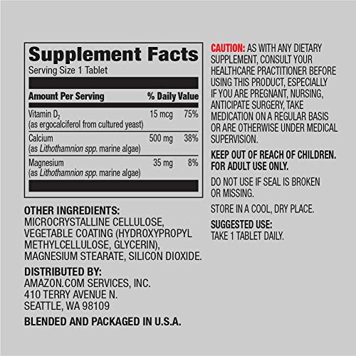 Amazon Elements Calcium plus Vitamin D, Calcium 500mg with D2 600IU, Vegan, 65 Tablets (2 month supply) (Packaging may vary), Supports Strong Bones and Immune Health