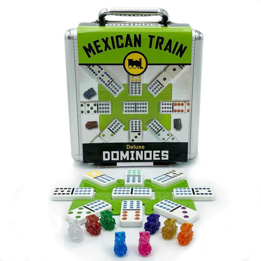 Front Porch Classics | Mexican Train Domino Set On-The-Go Aluminum Carrying Case, 2 to 8 Players Ages 8 to 99