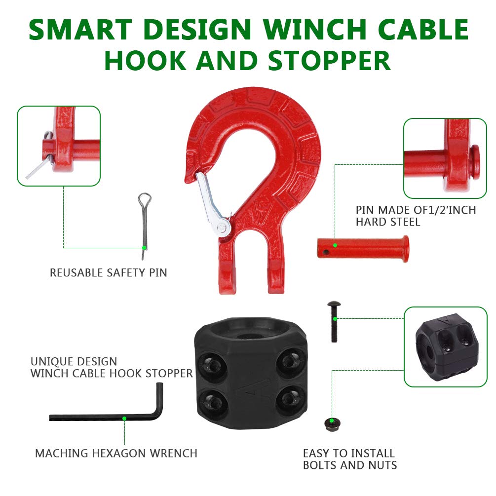 AMBULL Heavy Duty Forged Steel 3/8" Grade 70 Safety Latch Winch Cable Hook Stopper & Clevis Slip Hook Sets, Included Allen Wrench,Max 35,000 lbs, Red