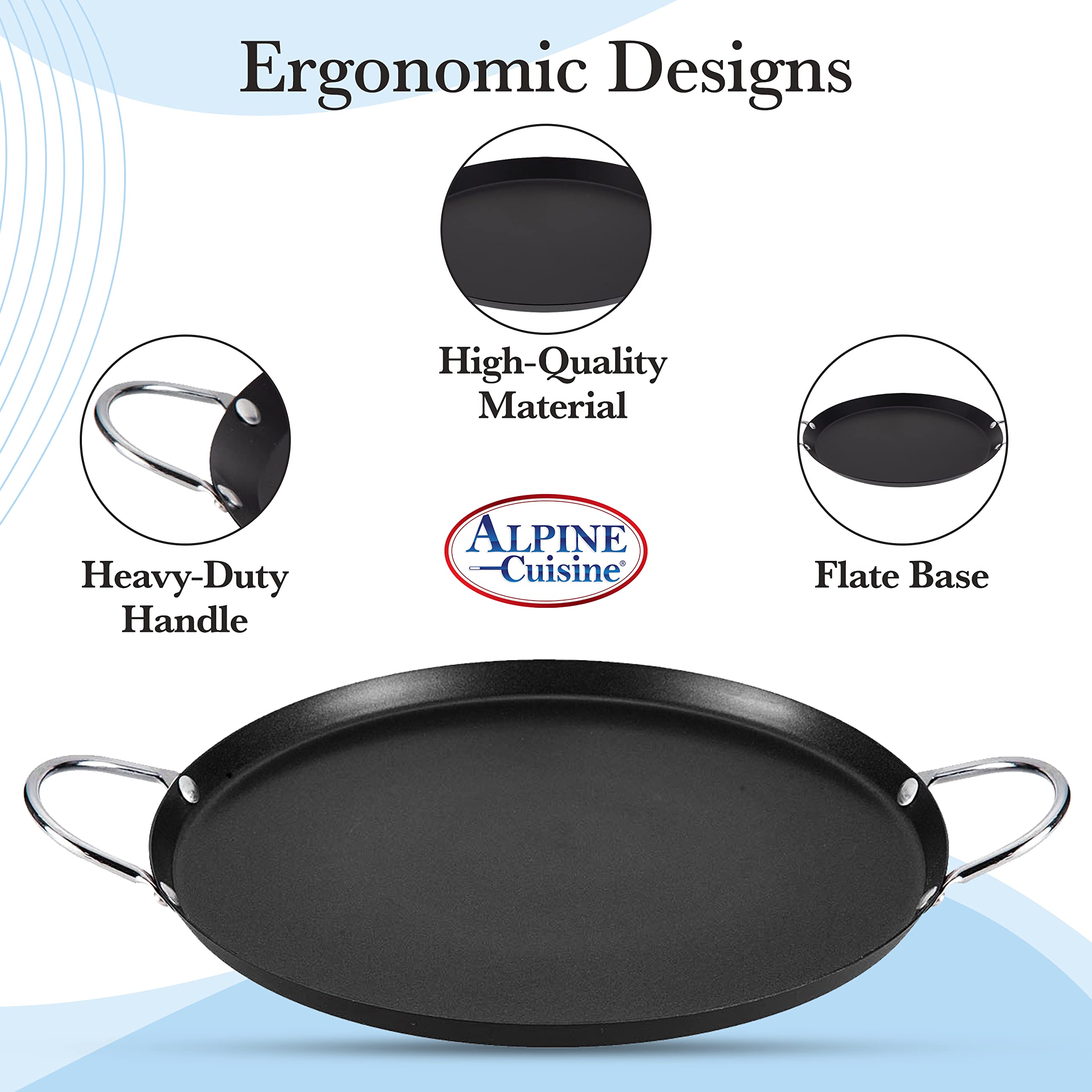 Alpine Cuisine Nonstick Round Paella Pan, 13-Inch, Black Carbon Steel, Oven Safe, Non-Magnetic