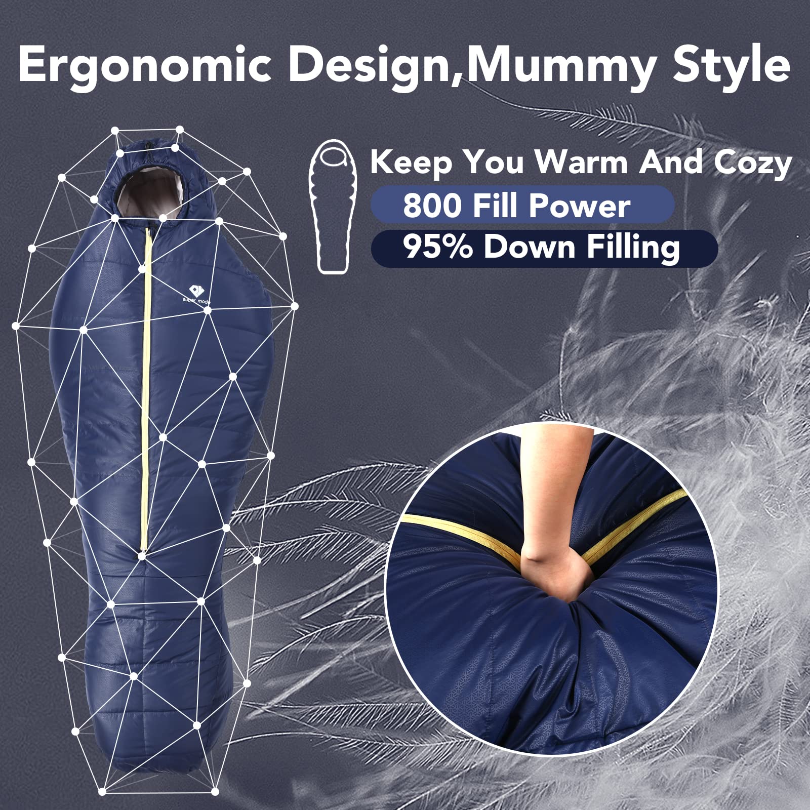 Backpacking Sleeping Bag, 32℉/0℃ Ultralight 800 Fill Power Down Sleeping Bag for Cold Weather, Lightweight Mummy Sleeping Bag with Compression Sack & Mesh Storage -XL & Regular