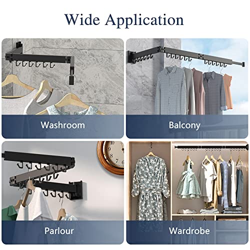 BHeadCat Clothes Laundry Drying Rack Wall Mounted, Retractable Garment Hanger with Hooks, Easy to Install, Strong Load-Bearing, Tri-Collapsible Clothes Dry Rack for Balcony, Bathroom, Bedroom