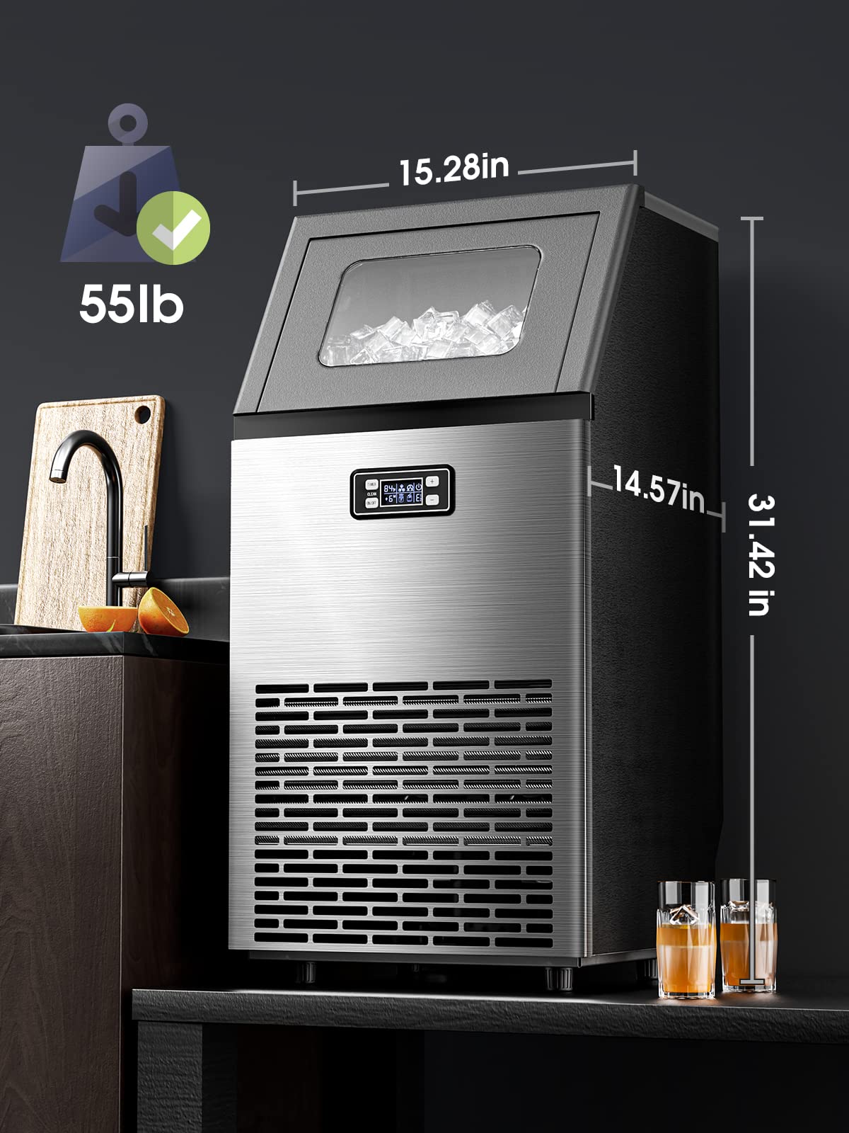 Joy Pebble V2.0 Commercial Ice Machine,100 lbs /24H, Self Cleaning Ice Maker,Under Counter Ice Machines with 24 Hour Timer,Ice Thickness Control,Stainless Steel Ice Makers for School,Home,Bar,RV