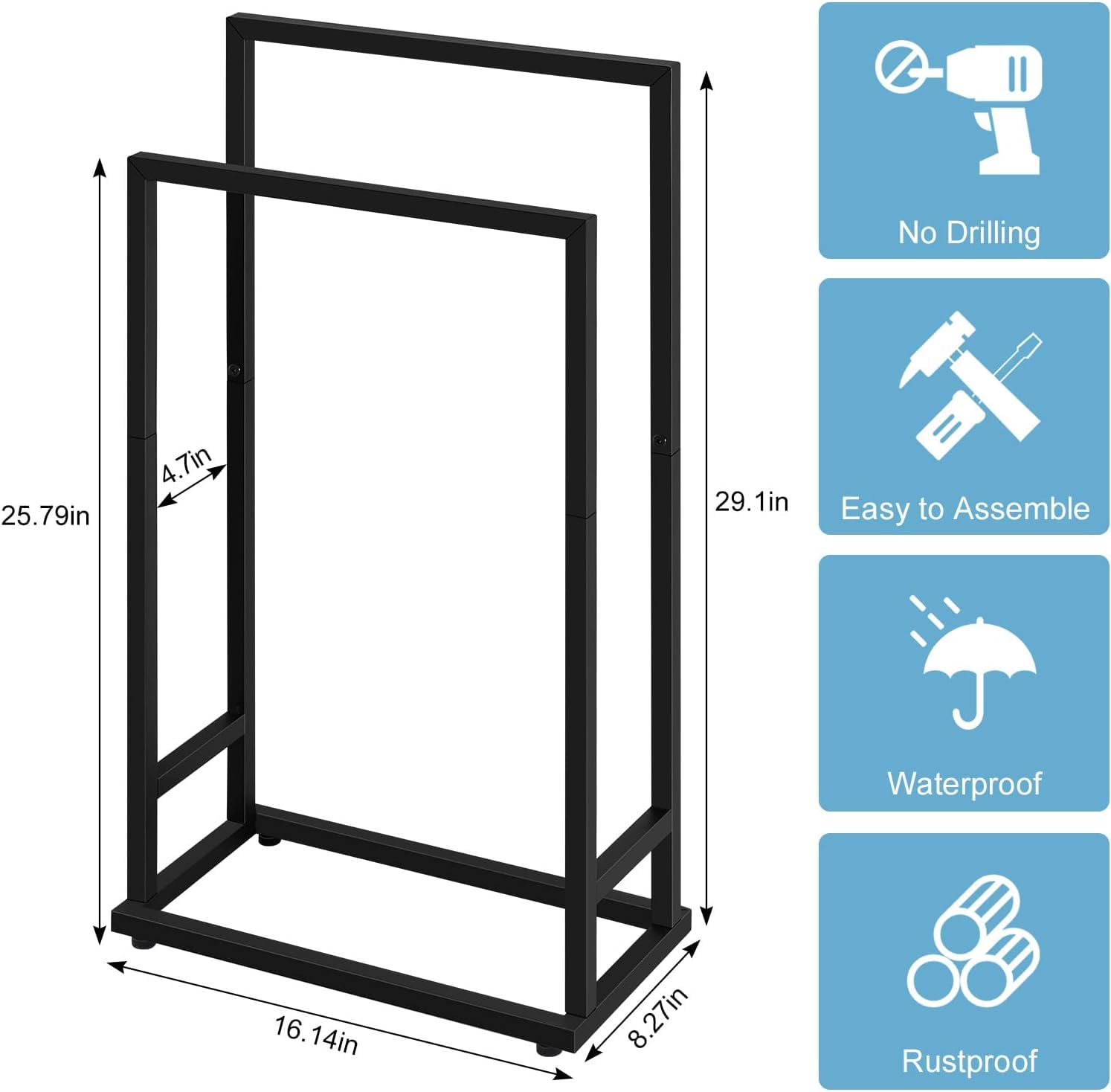 Towel Racks for Bathroom, 2 Tier Standing Stainless Steel Towel Racks Stand for Bathroom, Hand Towel Drying Rack Holder, Towel Bar Stand Blanket Rack, Black
