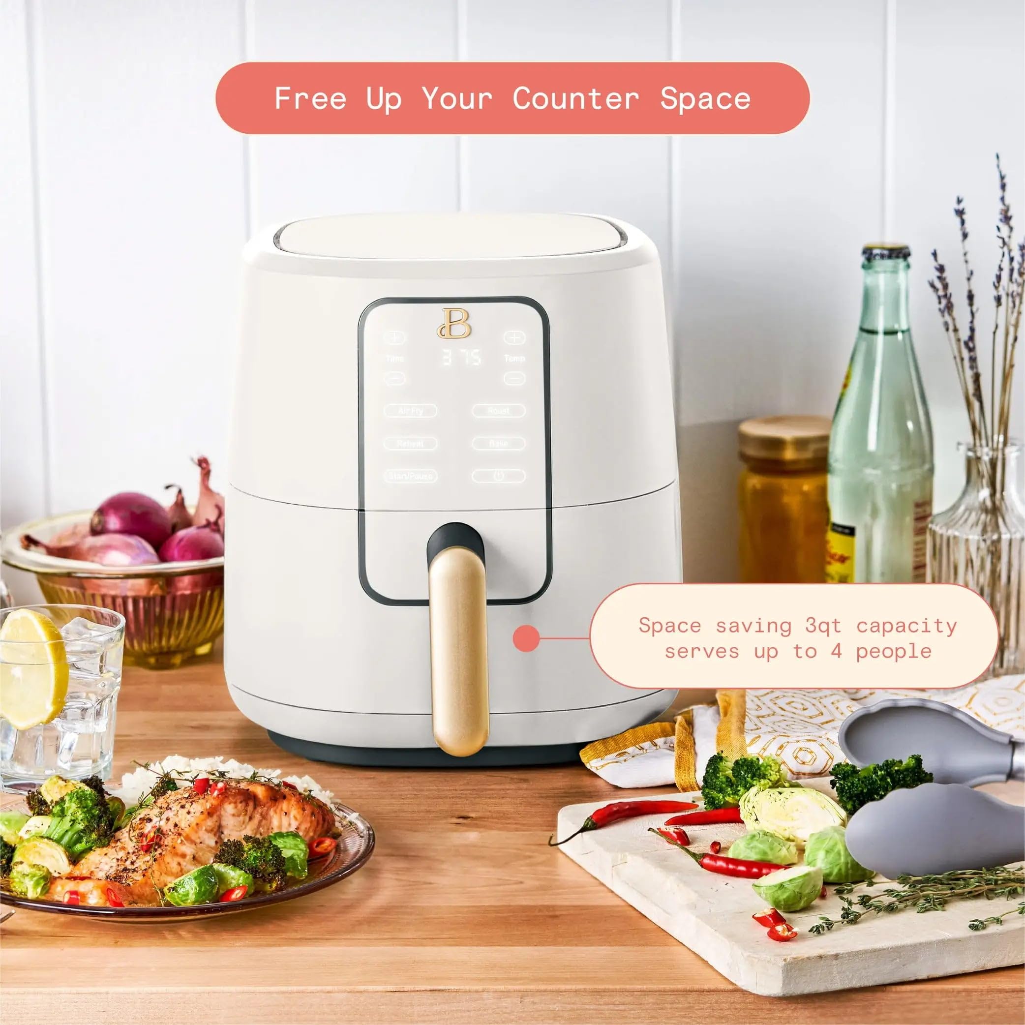 Beautiful 3-quart Touch-screen Display Air Fryer with Adjustable Temperature Compact Space-saving 4 Preset Functions whiteicing By Drew Barrymore