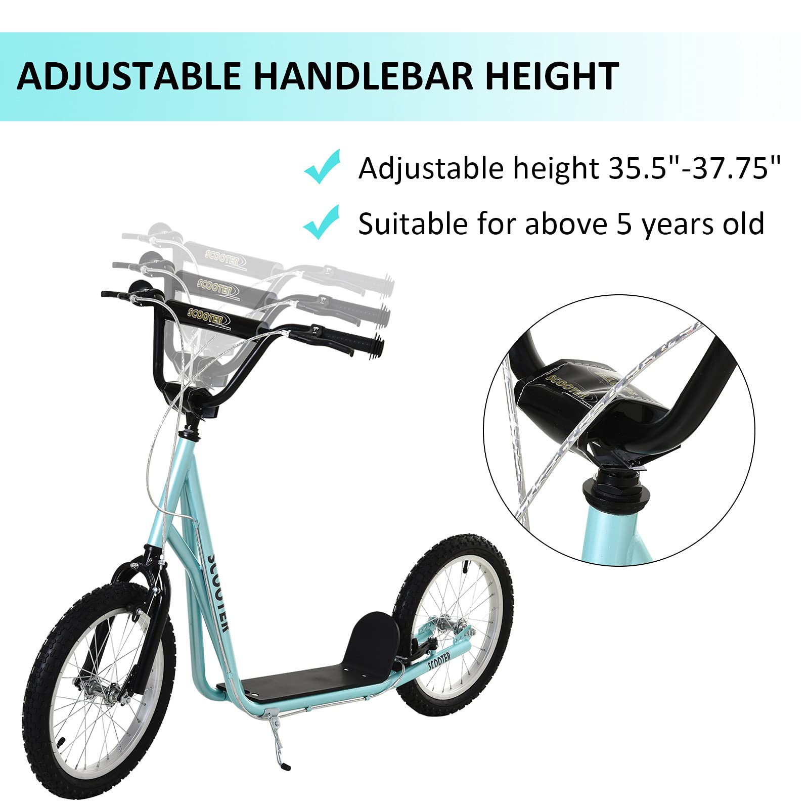 Aosom Youth Scooter Kick Scooter for Kids 5+ with Adjustable Handlebar 16" Front and Rear Dual Brakes Inflatable Wheels, Blue