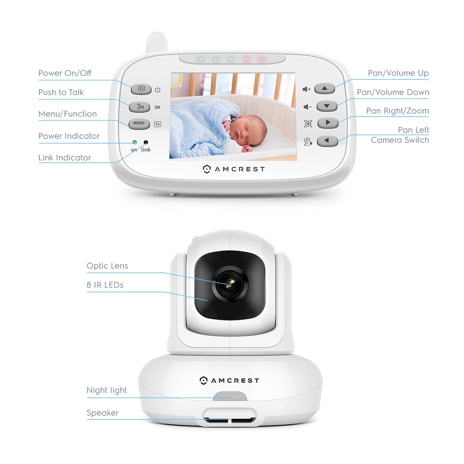 Amcrest AC-2 Video Baby Monitor with Camera and Audio, 3” LCD Display, Two-Way Audio, Temperature and Voice/Audio Alarm, VOX Mode, Pan/Tilt/Zoom Security Camera, Night Vision, 980ft Transmission Range