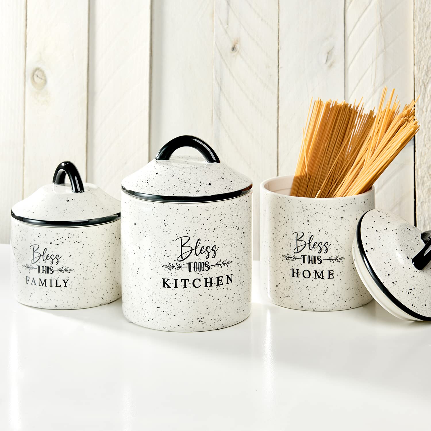 American Atelier Canister Set 3-Piece Ceramic Jars in Small, Medium, Large with Airtight Lids for Cookies, Candy, Coffee, Flour, Sugar, Rice, Pasta, Cereal & More (Bless This Kitchen, Home & Family)