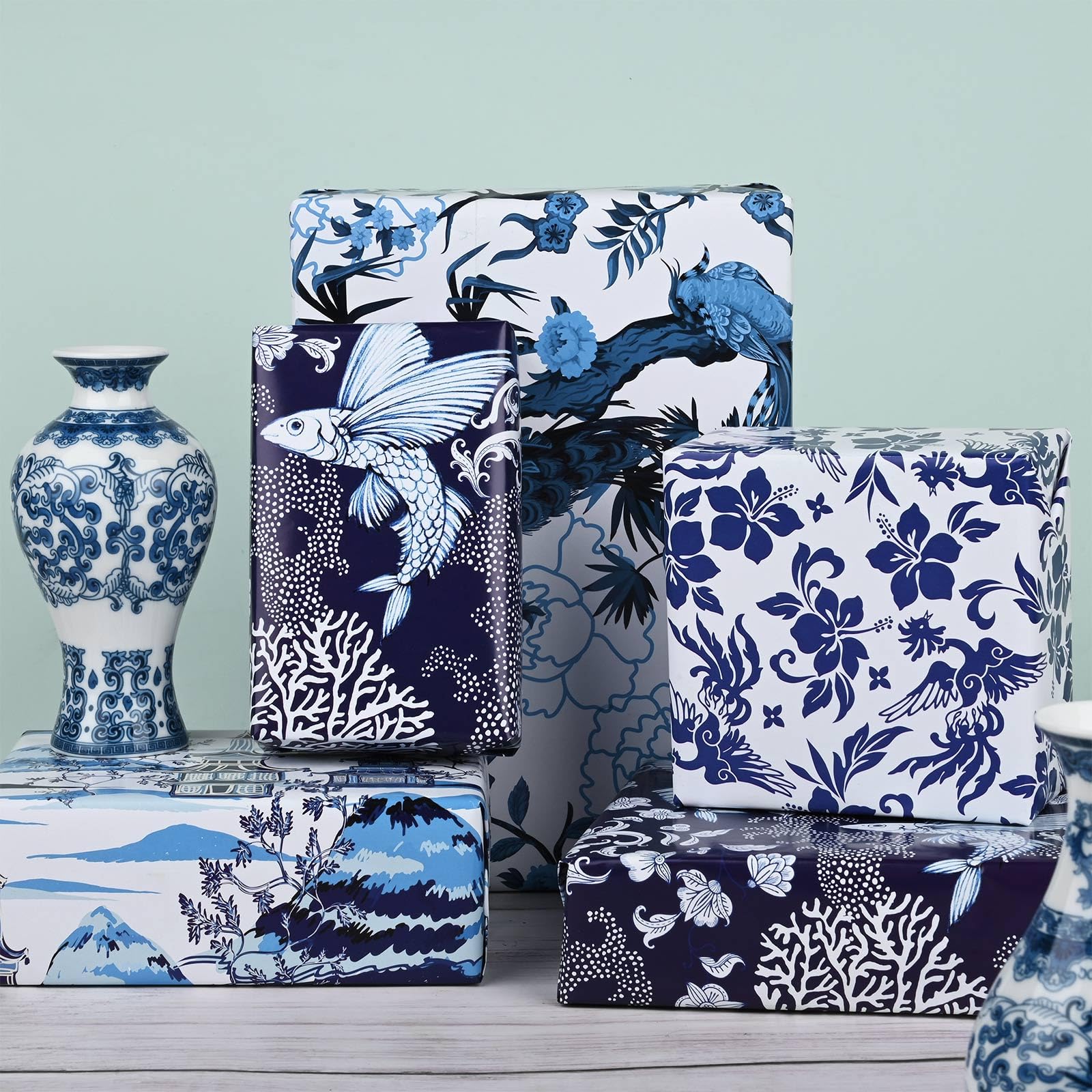 Bolsome 12 Sheets Blue White Chinoiserie Wrapping Paper Blue White Vintage Peony Floral Bird Fish Patterned Gift Wrap Paper for Wedding Bridal Shower Birthday DIY Craft