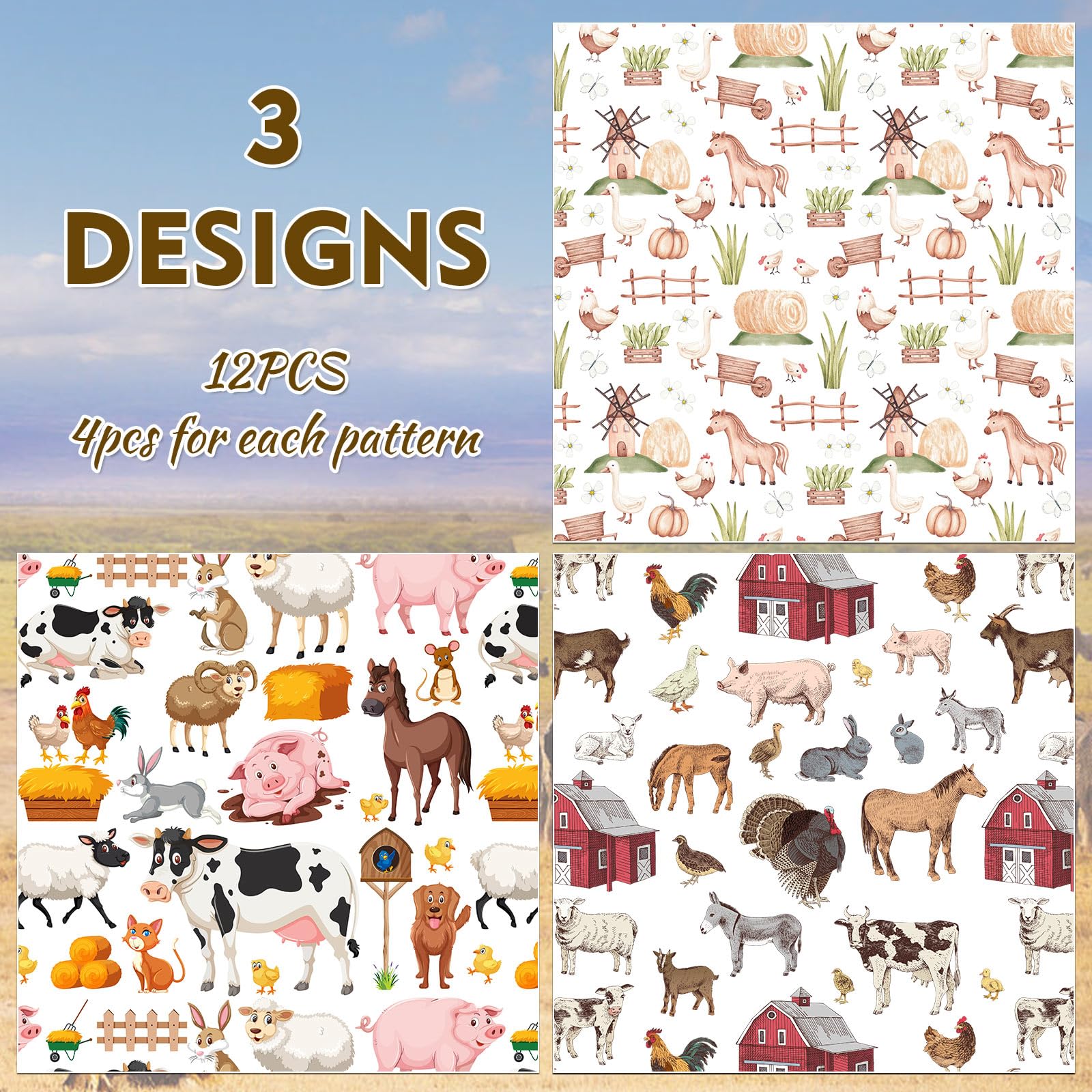 Bolsome 12 Sheets Red Barn Farm Animal Wrapping Paper Barnyard Gift Wrap Folded Wrapping Paper with Cow, Horse, Sheep, Goat, Pig, Duck, Chicken Pattern(20 inch x 28 inch sheet)