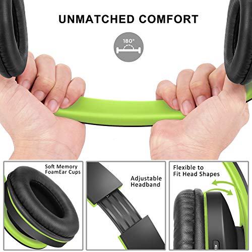 ZIHNIC Bluetooth Headphones Over-Ear, Foldable Wireless and Wired Stereo Headset Micro SD/TF, FM for Cell Phone,PC,Soft Earmuffs &Light Weight for Prolonged Wearing(Black/Green)
