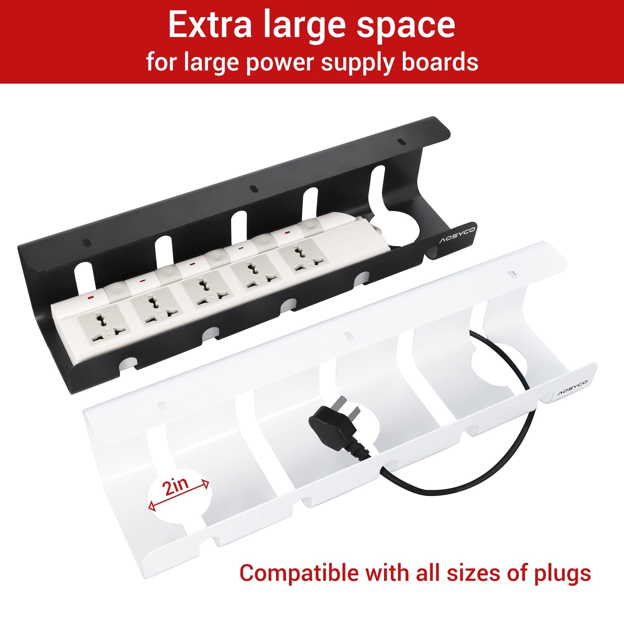 AOSYCO Under Desk Cable Management Tray, Alloy Steel, Perfect for Standing Desk Cord Organizer, No Drill for Under Table and Wire Management, Large Rack, Black Raceway Tray, 15.7in