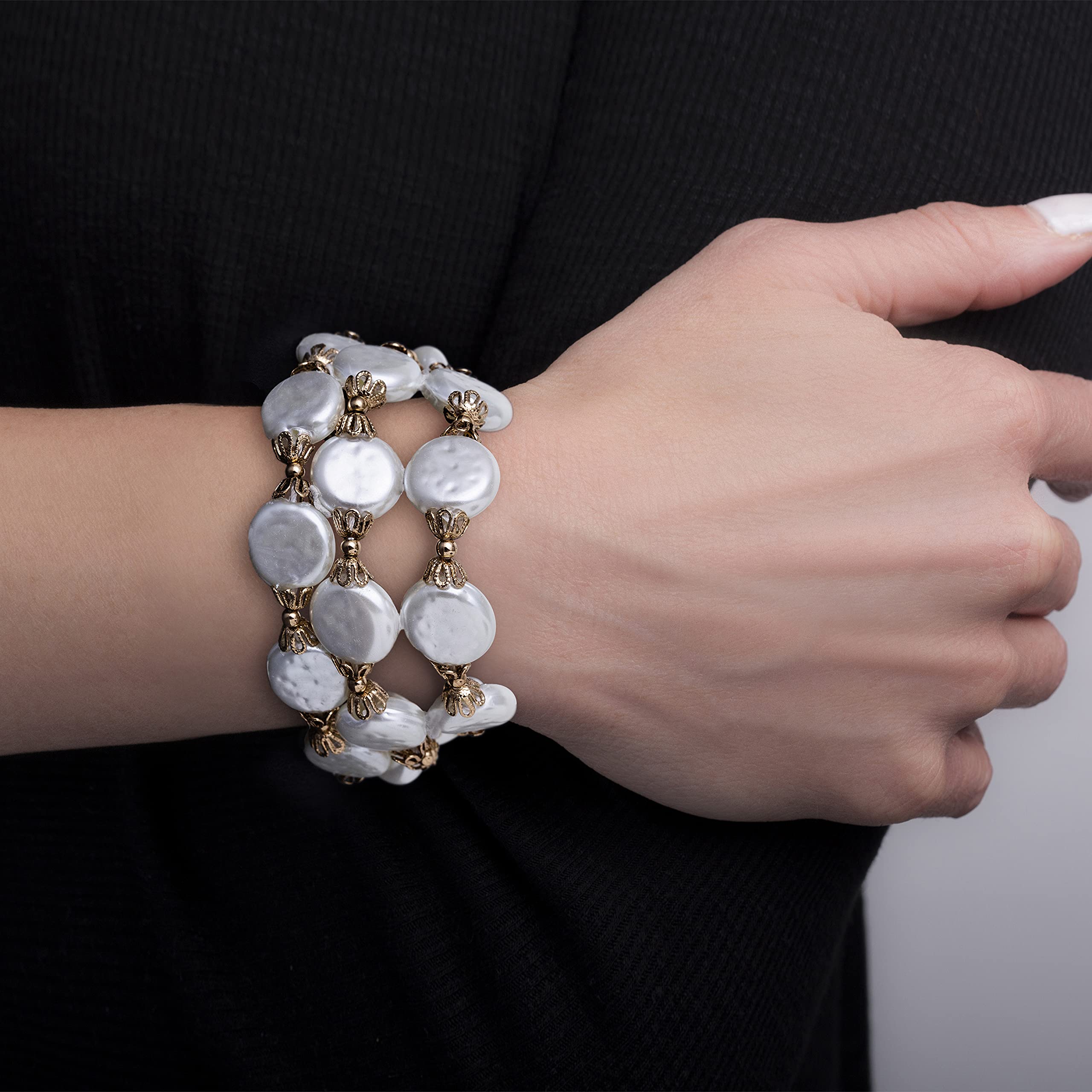 Badgley Mischka Three Row Connected Simulated Pearl Toggle Bracelet for Women 7 Inches