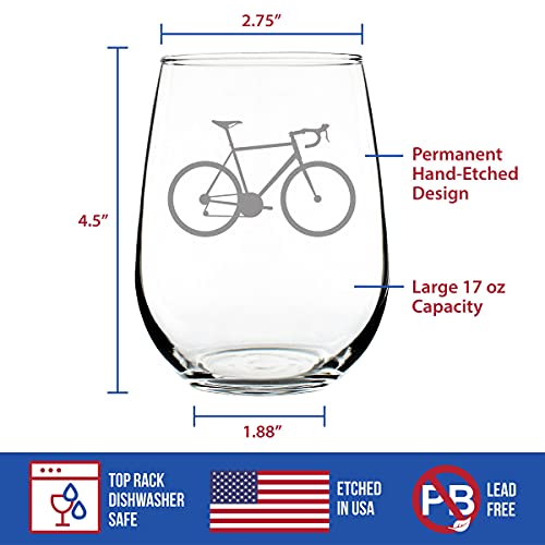 Bicycle - Stemless Wine Glass - Unique Road Biking Themed Decor and Gifts for Cyclists - Large 17 Oz Glasses