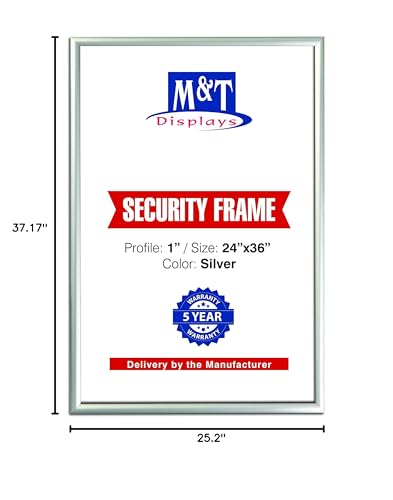 M&T Displays Security Snap Poster Frame 1" Aluminum Profile, Front Loading, Picture, Photo, Document, Certificate, Sign Holder, Mitered Corner, Anti Glare Cover (Silver, 24x36 inch)