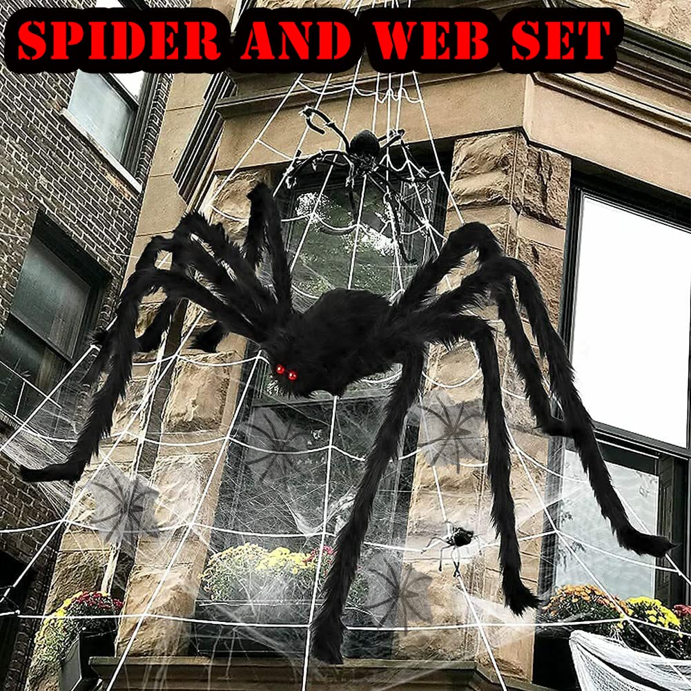 AOGU 200" Halloween Spider Web + 78" Giant Spider Decorations Fake Spider with Triangular Huge Spider Web for Indoor Outdoor Garden Yard Home Party Haunted House Decor