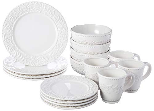 American Atelier Round Dinnerware Sets | White Kitchen Plates, Bowls, and Mugs | 16 Piece Bianca Leaf Collection | Dishwasher and Microwave Safe | Service for 4