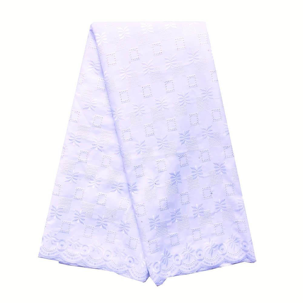 Cotton Swiss Voile Lace Fabric 5 Yards White African Dry Lace Fabric Nigerian Lace Fabric Dubai Embroidery Lace Fabric with Stones(White BB52)