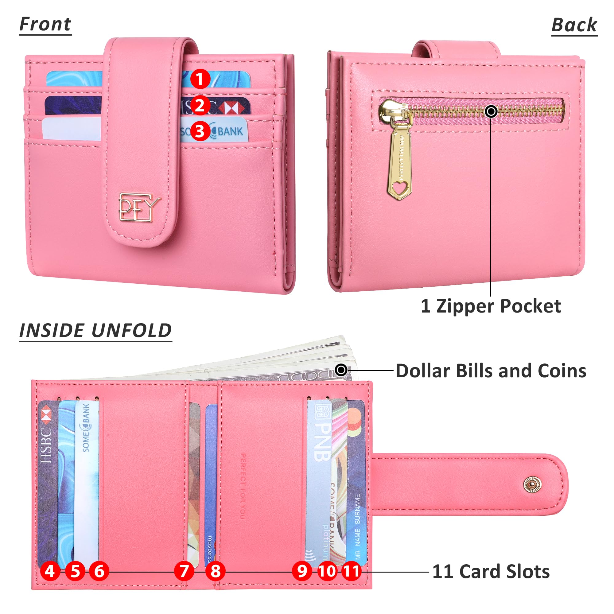 Badiya Small Wallets for Women Bifold Multi Card Case Wallet Slim Credit Card Holder with Zipper Coin Purse