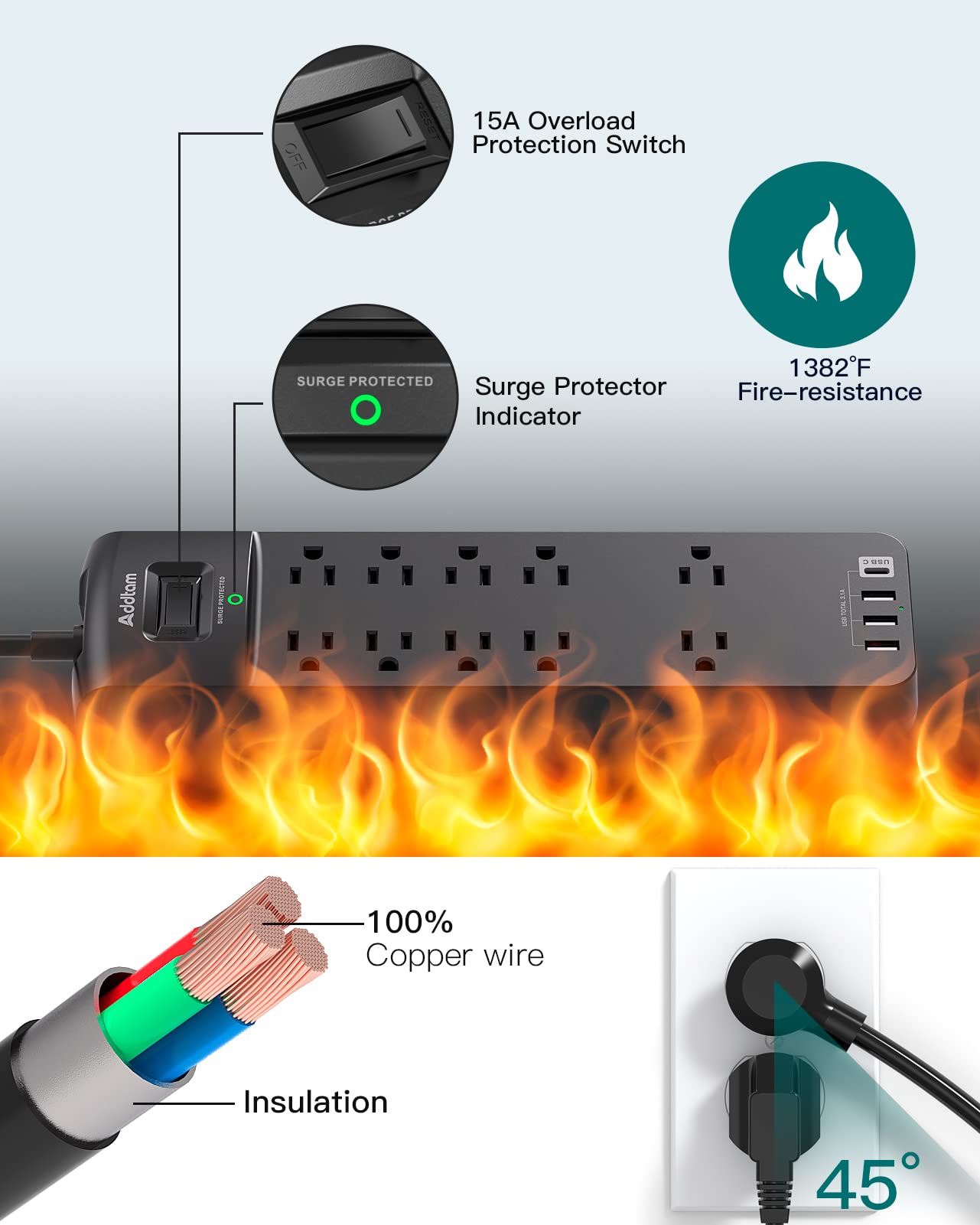 Black USB Wall Charger Surge Protector, 5 Outlet Extender with 4 USB Charging Ports (1 USB C) & Power Strip Surge Protector with 10 Outlets and 4 USB Ports