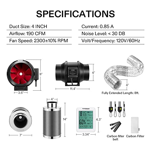 VIVOSUN 4 Inch 190 CFM Inline Fan with Speed Controller, 4 Inch Carbon Filter and 8 Feet of Ducting, Temperature Humidity Monitor for Grow Tent Ventilation