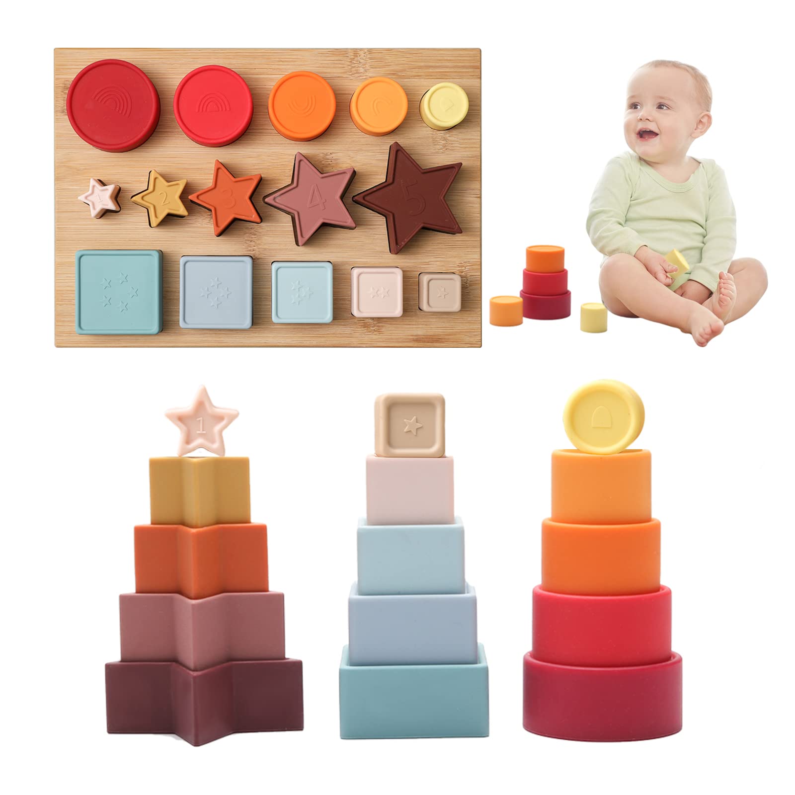 ibwaae Soft Silicone Stacking Toys Set 15 Pcs Natural Rainbow Color Nesting Cups and Silicone Stacking Cups Montessori Toy for BabyοΌWooden BaseοΌ