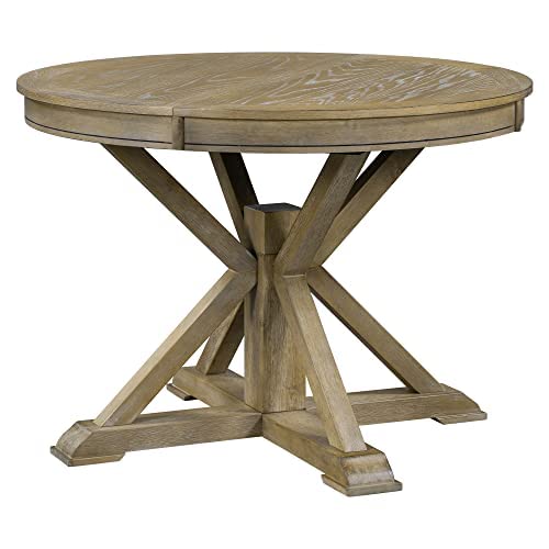 Bellemave 5-Piece Round Dining Table Set Wood Extendable Counter Dining Table with 4 Upholstered Chairs Retro & Functional Dining Set of 4 People for Kitchen, Dinning Room (Natural Wood Wash)