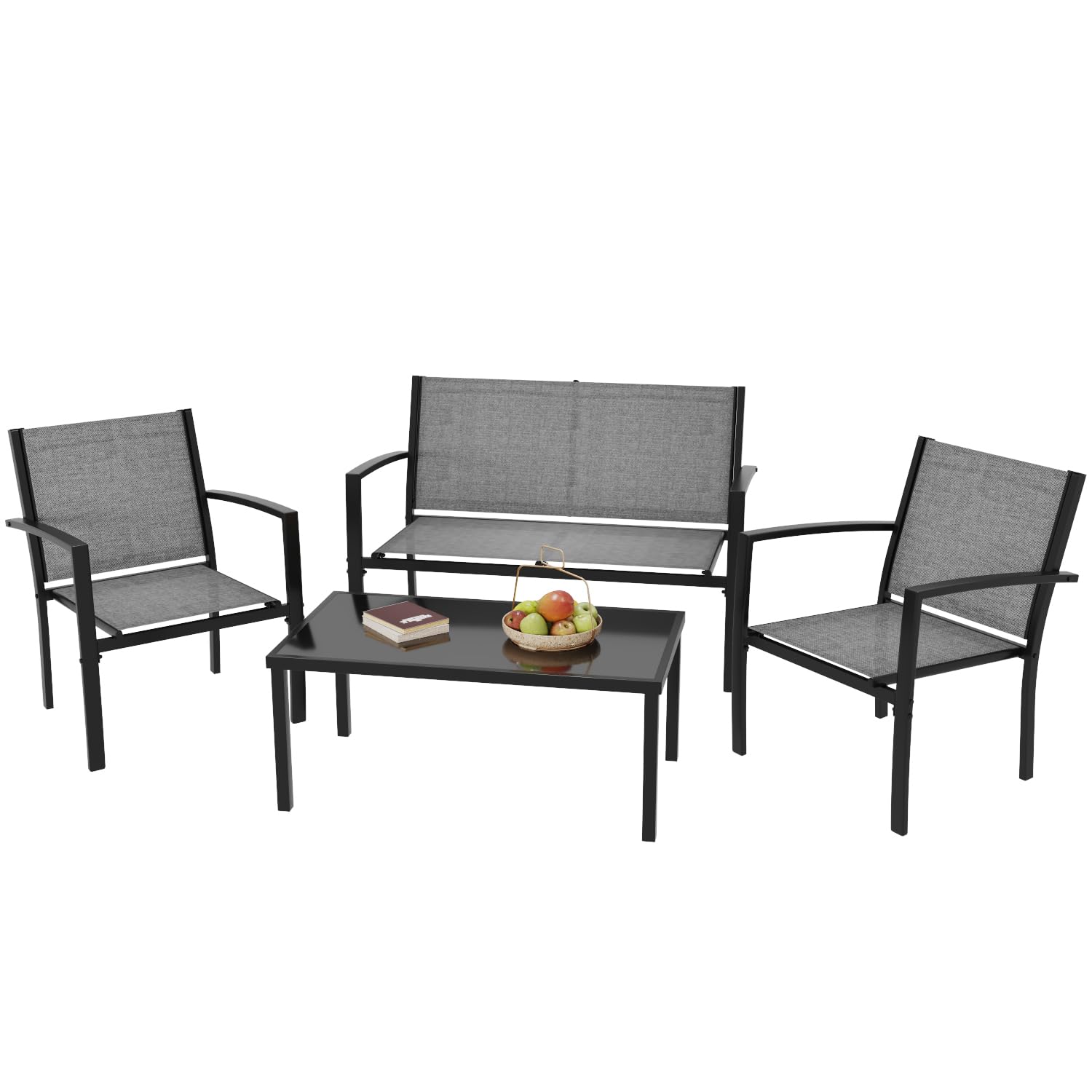 Greesum GS-LCT4PCSGY 4 Pieces Patio Furniture Set Outdoor Conversation Textilene Fabric Chairs for Lawn, Garden, Balcony, Poolside with A Glass Coffee Table, Gray