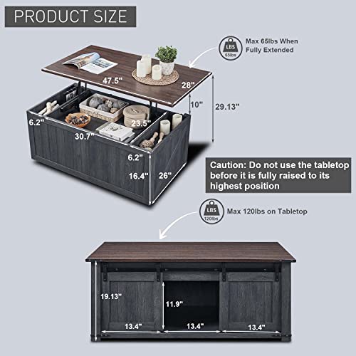 SinCiDo 48β Lift Top Coffee Table, Coffee Table with Storage & Sliding Groove Barn Door, Farmhouse Coffee Table Rustic Wood Cocktail Table w/Double Storage Spaces for Living Room, Dark Grey