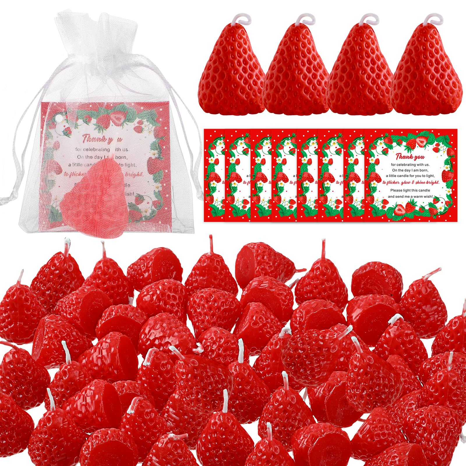 VIHOSE 50 Set Strawberry Candles Baby Shower Favors for Guests 50 Strawberry Shaped Candles with 50 Thank You Tags and 50 Return Gift Bags for Strawberry Party Decorations Supplies