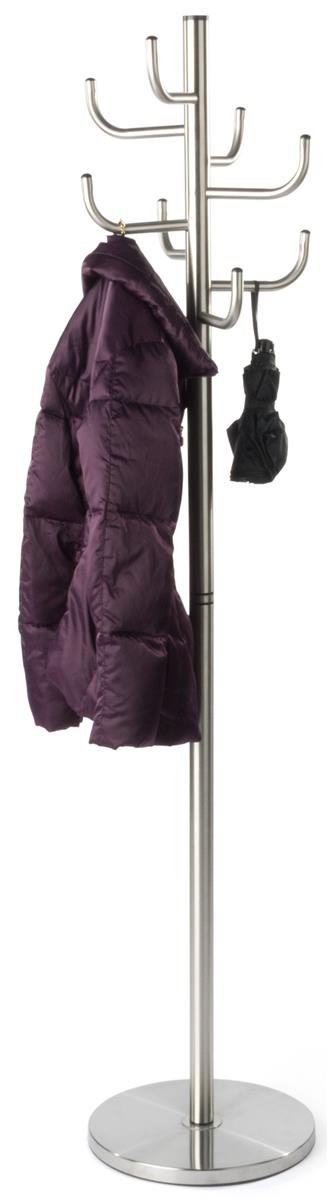 Displays2go Coat Racks with 8 Hooks, Weighted Base, Metal (Stainless Steel) – Brushed Silver Finish (CTHNGCRSV)