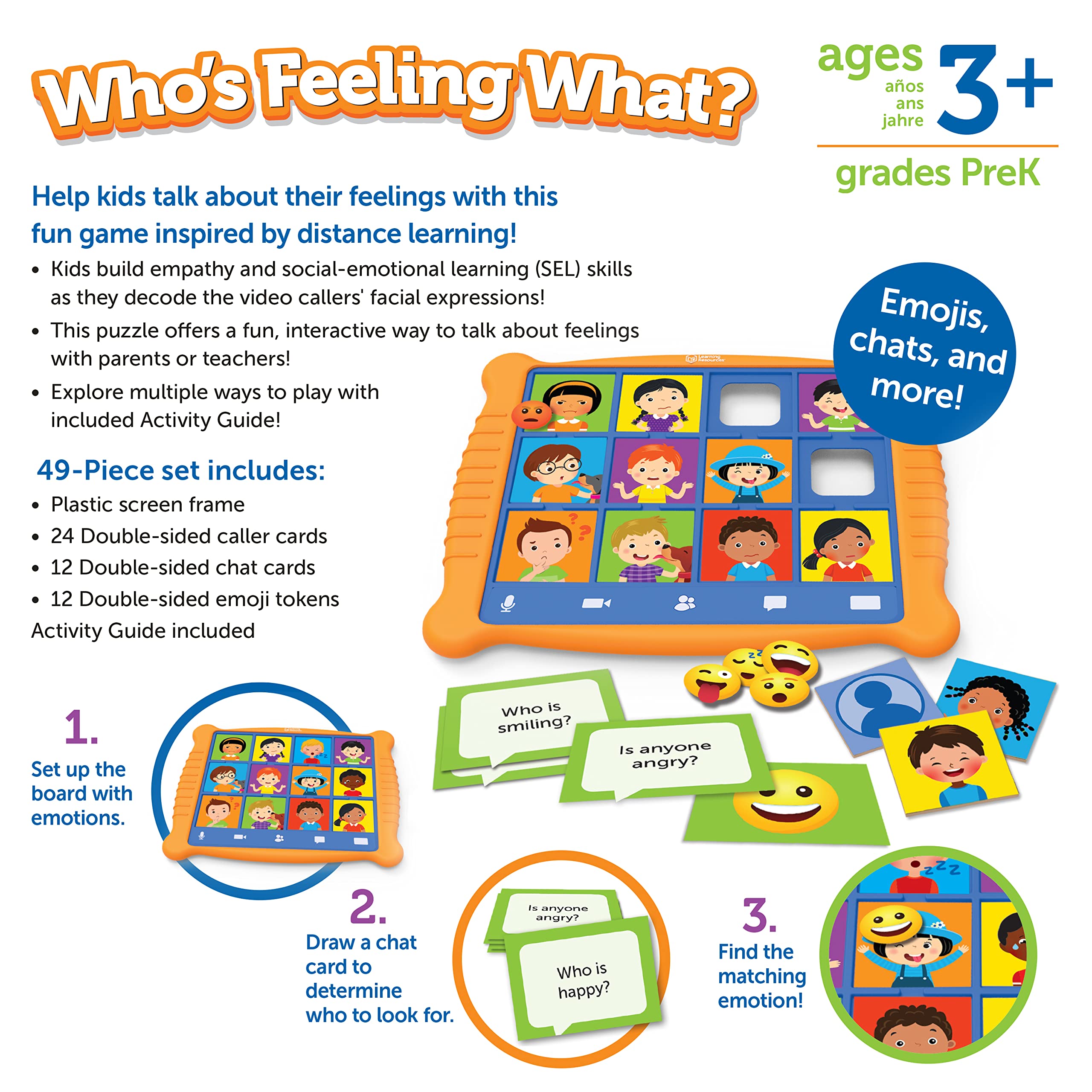 Learning Resources Who's Feeling What?,Social Emotional Learning Games, Communication Games for Kids, Emotion Toys, Feeling Toys for Kids, 49 Pieces, Age 3+