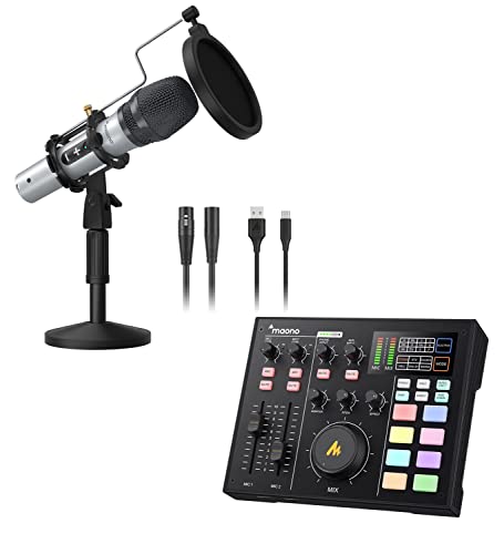 Audio Interface with HD300T Dynamic Microphone, Maonocaster Portable ALL-IN-ONE Podcast Production Studio for Guitar, Live Streaming, PC, Recording, and Gaming