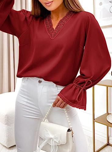 Dokotoo Fall Blouses for Women Long Sleeve Shirts Lace Trim V Neck Chiffon Solid Color Tunic Tops Loose Fit Stylish Burgundy Tops Casual Spring Summer Flowy Work Shirts Large