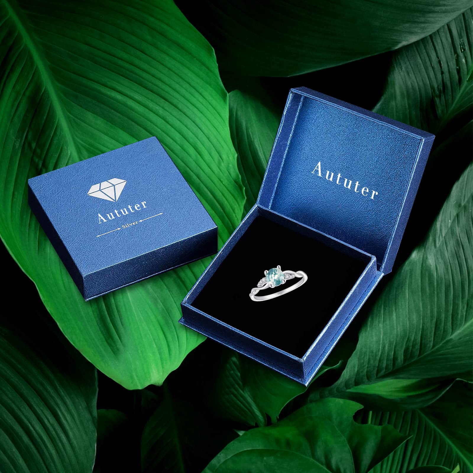 Aututer Moss Agate Ring for Women Sterling Silver Engagement Ring Infinity Ring Natural Moss Agate Jewelry Mother's Day Gifts for Her