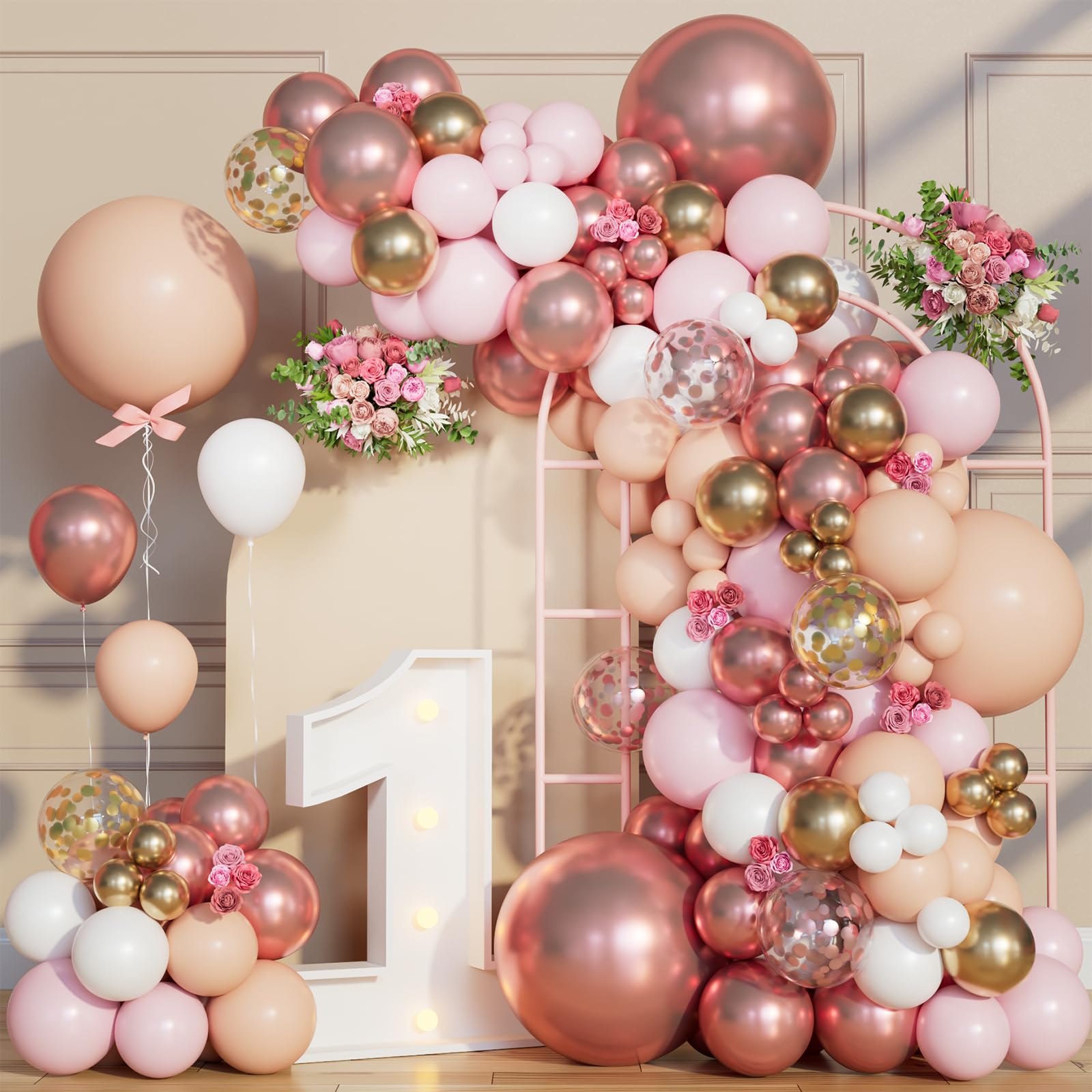 Bonropin 151Pcs Rose Gold Balloon Garland Arch Kit for Wedding Bridal Shower Birthday Baby Shower Decorations, Nude Pastel Pink Metallic Gold Matte White Rose Gold Confetti Balloons