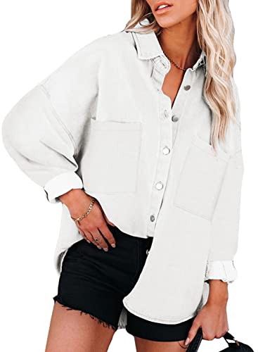 Dokotoo Shacket Jacket Women V Neck Roll Up Long Sleeve Pocket Denim Jean Jacket Shirts Shacket Casual Solid Boyfriend Button Down Blouses with Bust Pockets White L