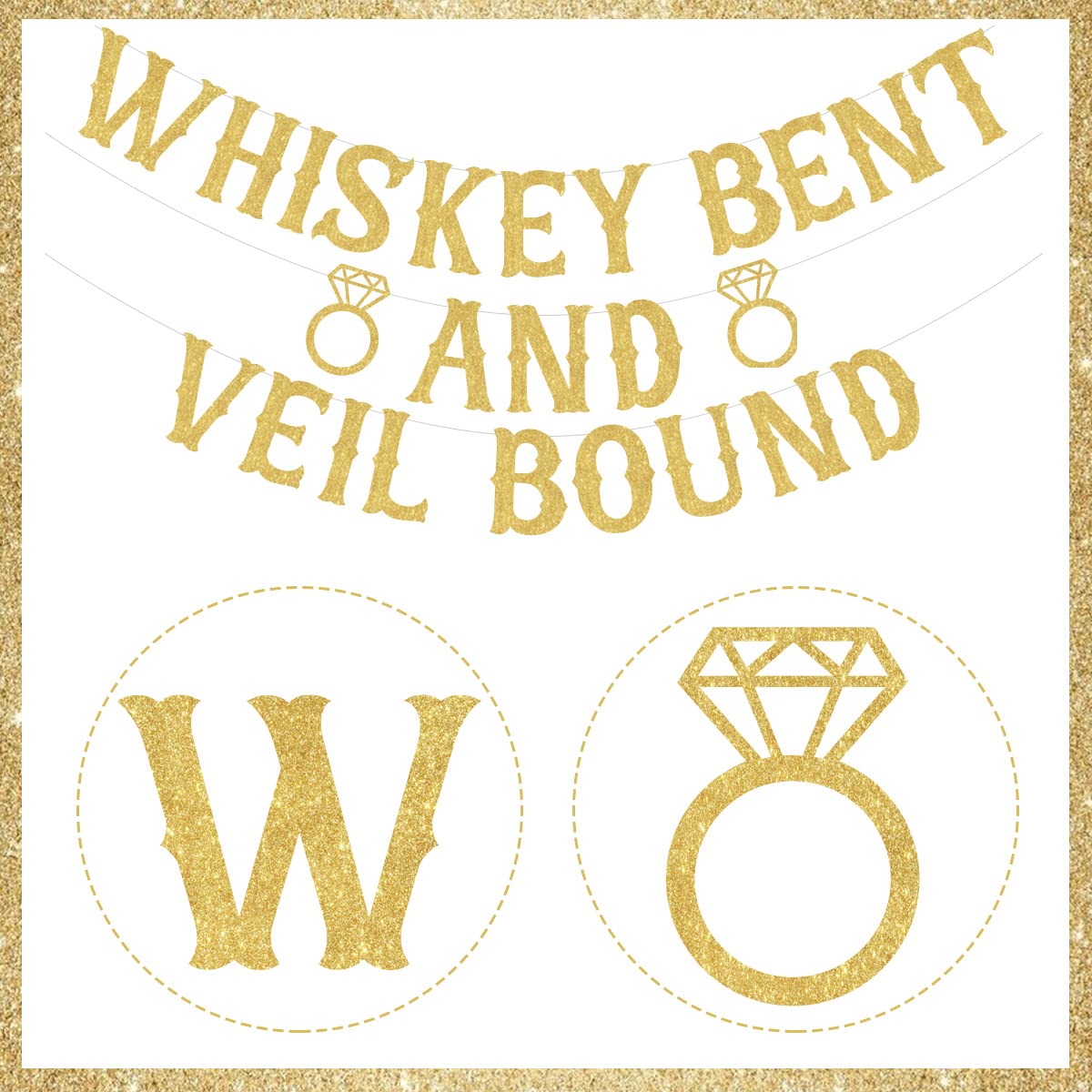 Nashville Bachelorette Party Decorations, Whiskey Bent and Veil Bound Banner Gold for Bridal Shower Engagement Party Supplies