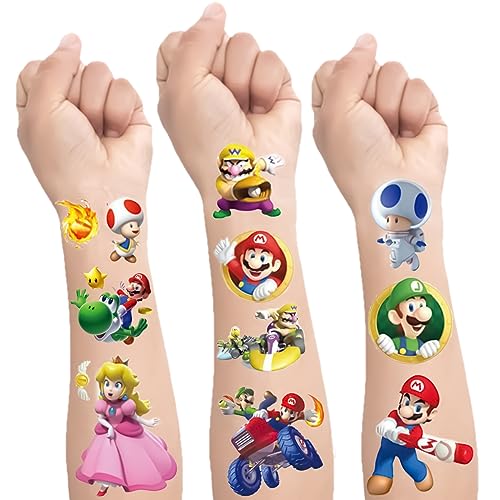 8 Sheets Temporary Tattoos Stickers For Mario, Mario Birthday Party Supplies Decorations Party Favors, Gifts for Boys Girls School Classroom Rewards