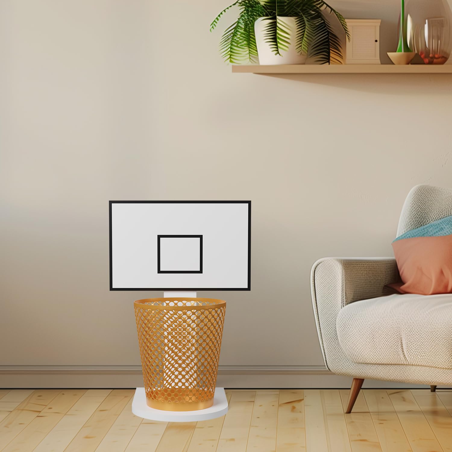 SIHPTO Basketball Trash Can Holder(Excluding Trash Can),Wastebasket Backboard,White Wooden Basketball Mini Rack Bedroom Office Kitchen Living Room Fun Trash Can