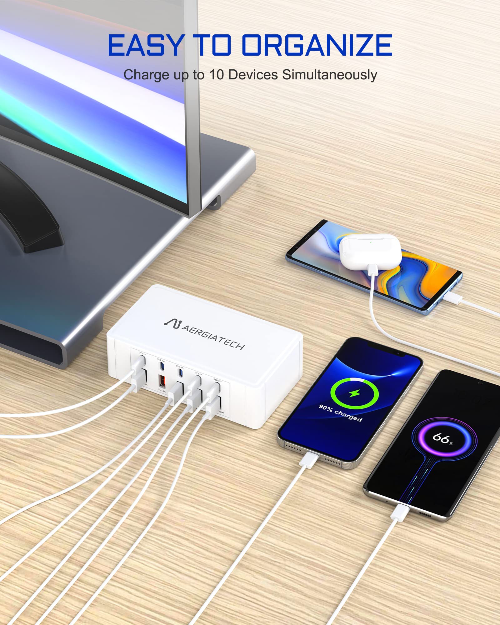 Aergiatech USB C Charger Station, 10-Port 100W Charging Hub with PD3.0 and QC3.0 Fast Charging for Multiple Devices, Compatible with iPhone 15/Pro/14/13, iPad Air/Pro, Galaxy -White