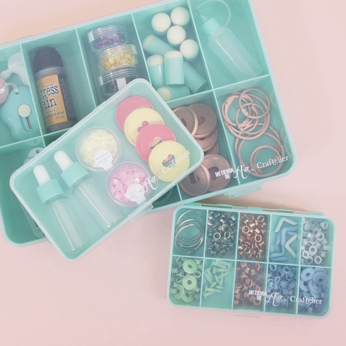 Craftelier - Mini Organizing Box with 10 Compartments for Scrapbooking and Craft Materials | Dimensions 14.6 x 9.1 x 3.2 cm (5.75β x 3.6β x 1.25") - Transparent and Turquoise Color