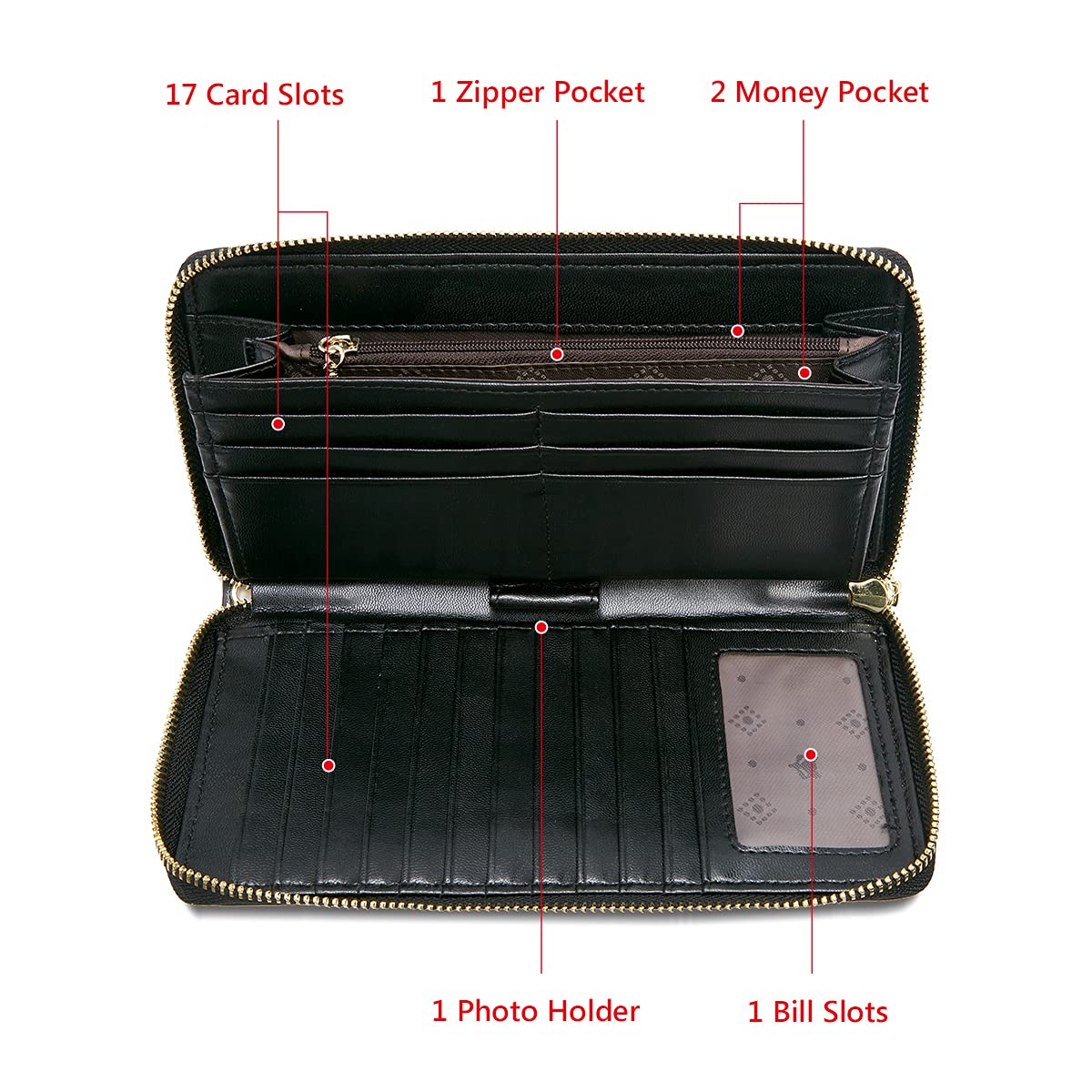 Leather Wallets for Women, Split Cowhide Crocodile Skin Pattern Gift Box Packaging Ladies Fashion Clutch Purses with Wristlet Womens Zipper Long Wallets Women's Credit Card Holders (Black)