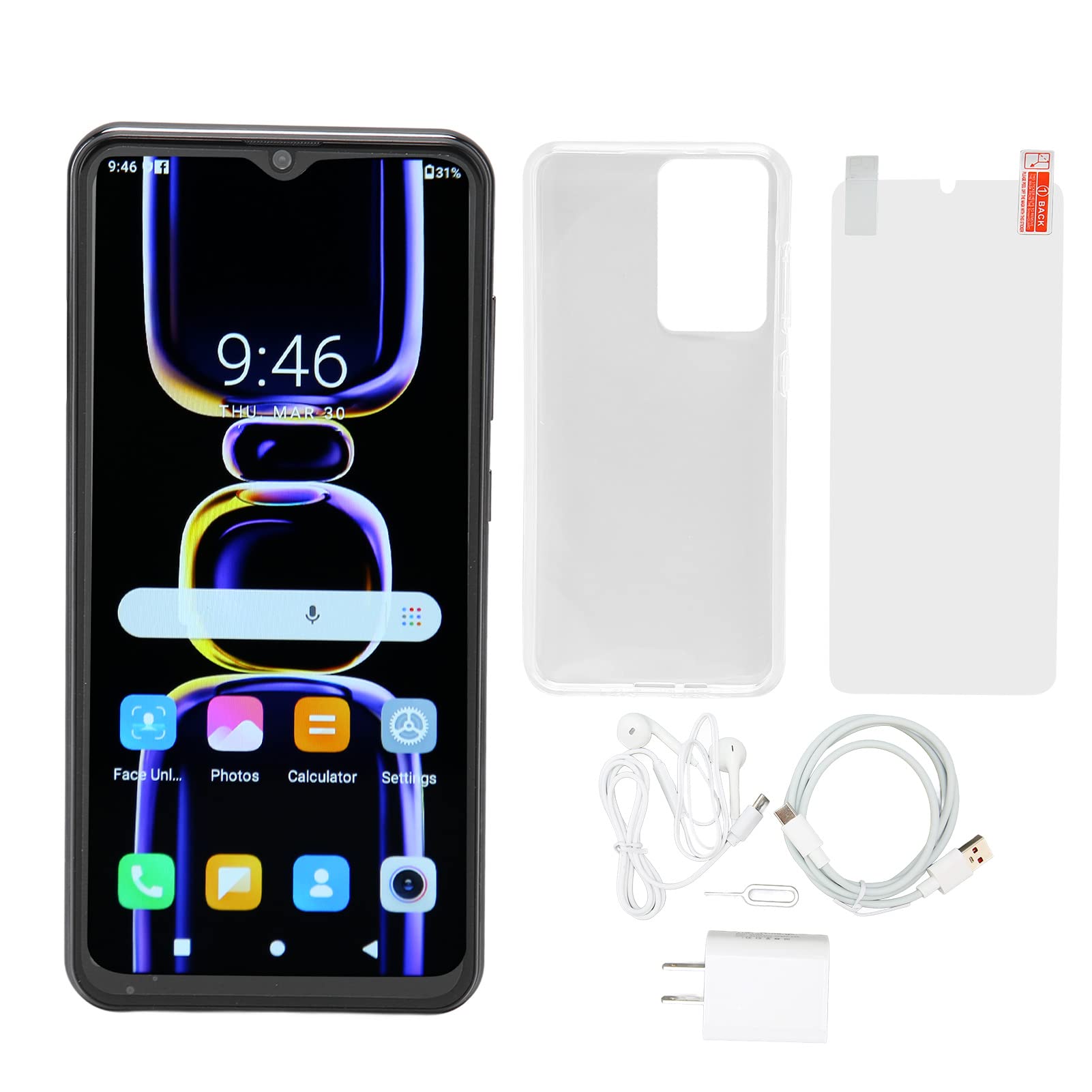 ANGGREK K60 Phone 6.53 Inch 6GB RAM 128GB ROM Face ID FHD Processor Octa Core Smart Phone for Android12 100β240V Black (US Plug)