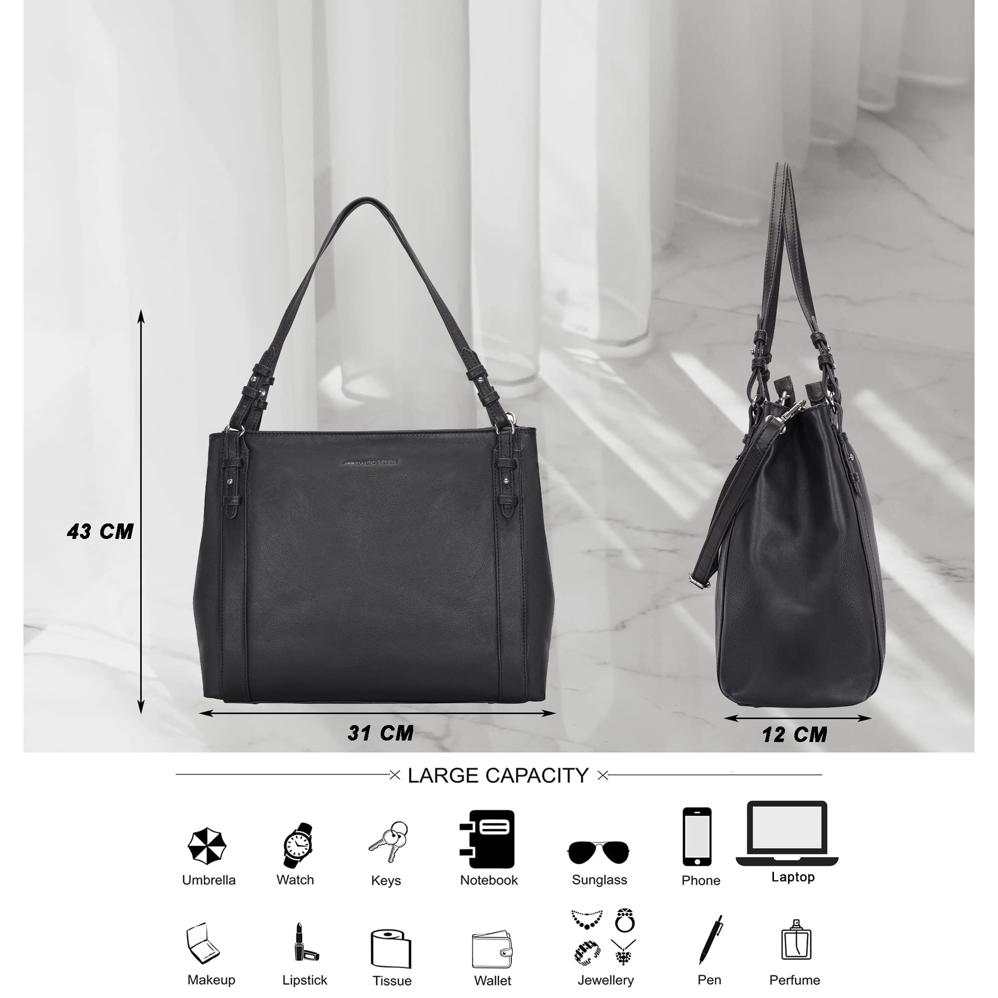 MARC PETER Hana Black Nappa Leather Hobo Bag for Women | Top Handle Satchel | Women Fashion Shoulder Bag