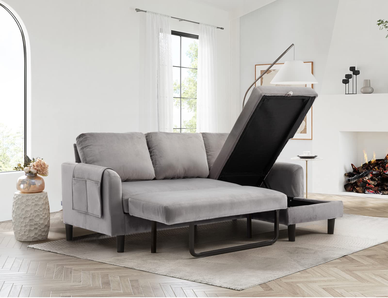 Modern Velvet Pull Out Sleeper Sofa Bed with Chaise, Comfy L Shaped Convertible Couch with Storage and Pocket, Sectional 3 Seat Couch for Living Room Furniture or Office, Smooth Back - Light Gray