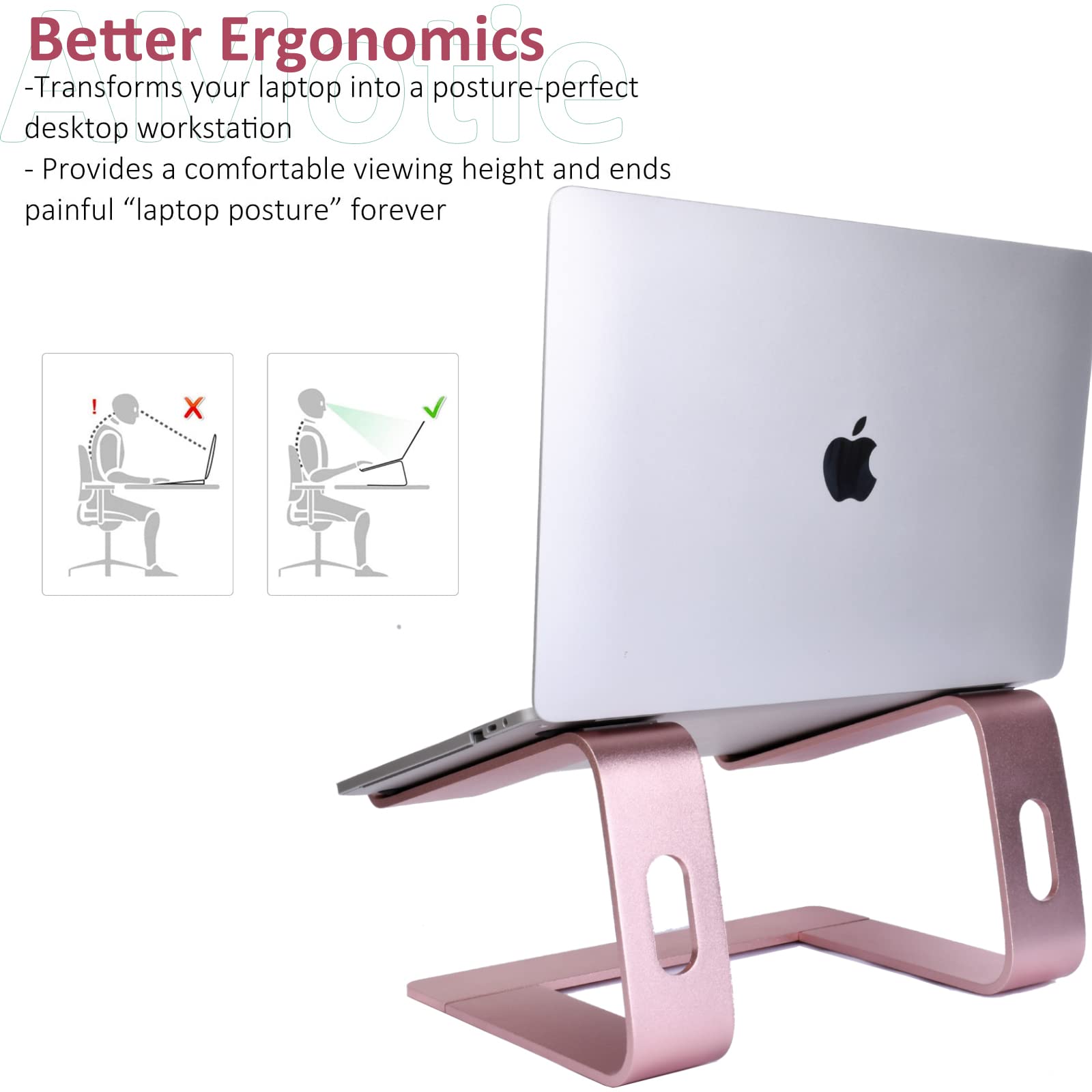 AMOTIE Laptop Desk Stand, Ergonomic Aluminum Laptops Elevator for Desk, Notebook Holder Stand Compatible with MacBook Pro/Air HP Lenovo Samsung Huawei ,All 10-15.6" Laptops,Pink Gold