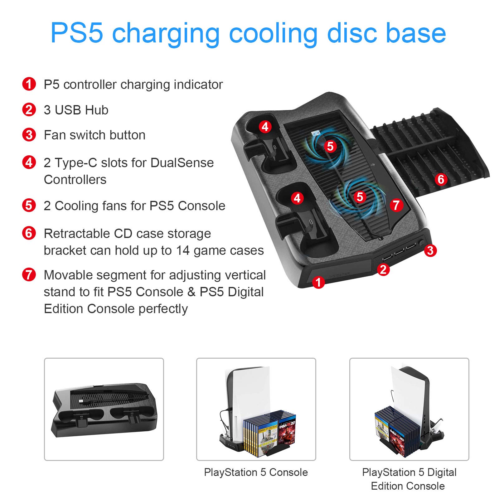 AKNES Vertical Stand with Cooling Fan for PS5/Playstation 5/PS5 Digital Edition, Dual Controller Charger Station with 14 Game Storage and Dualshock Charger, 3 Extra USB HUB Port, A PS5 Storage Bag