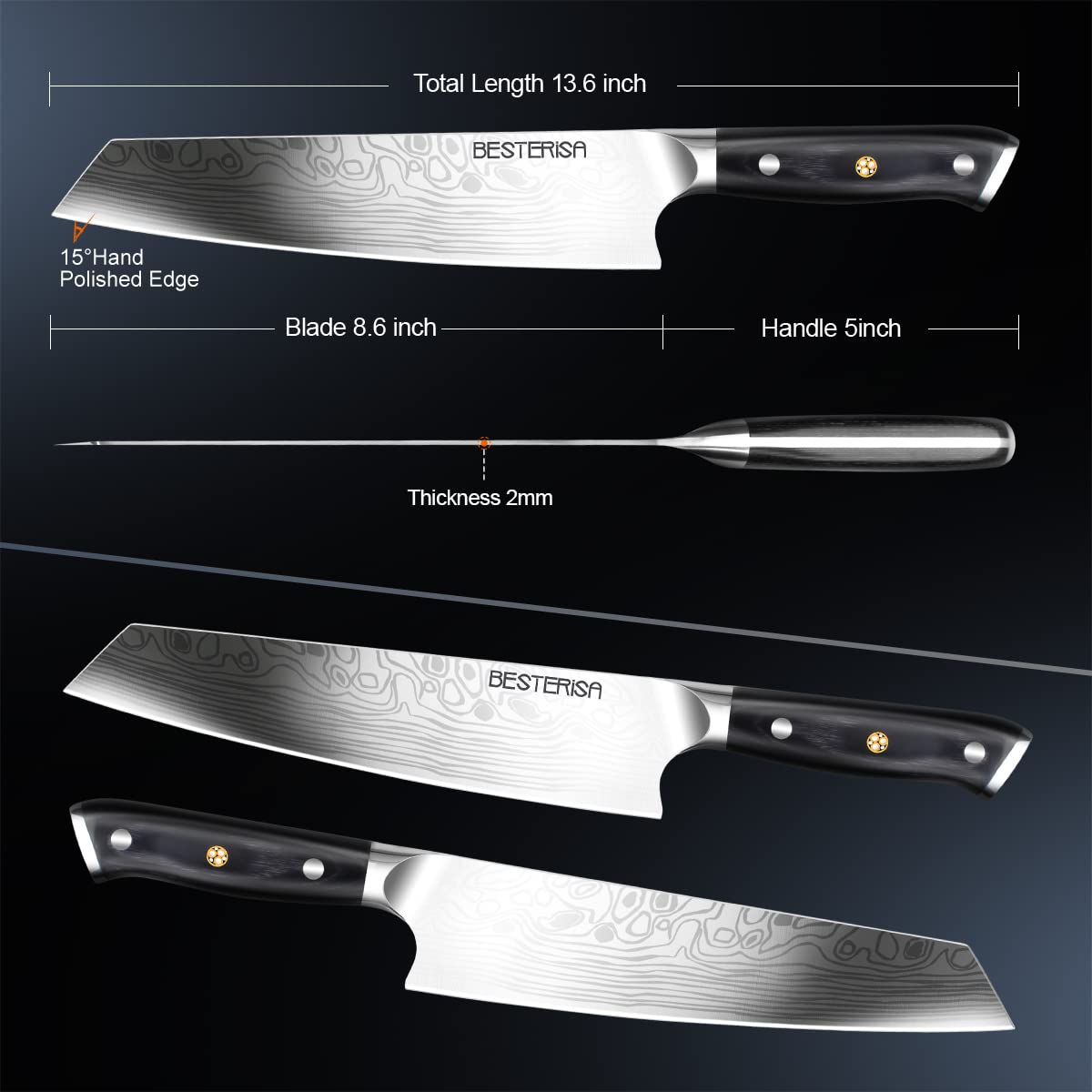 BESTERiSA Kiritsuke Chef Knife ,8 Inch Professional Chef Knife German Stainless Steel EN1.4116 Ultra Sharp Vegetable Meat Cleaver Knife with Knife Guard